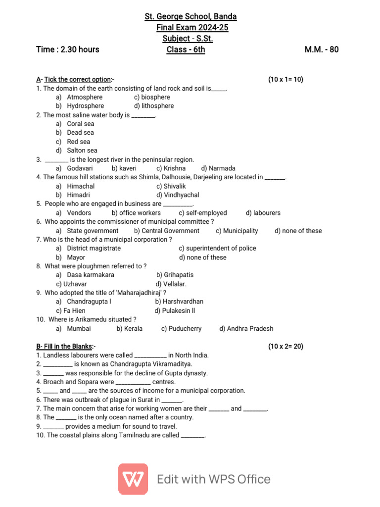 2025 Final Test Paper SSt-Class 6th | PDF | Earth Sciences