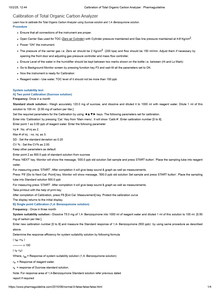 TOC Analyzer Calibration Procedure | PDF | Total Organic Carbon | Parts ...