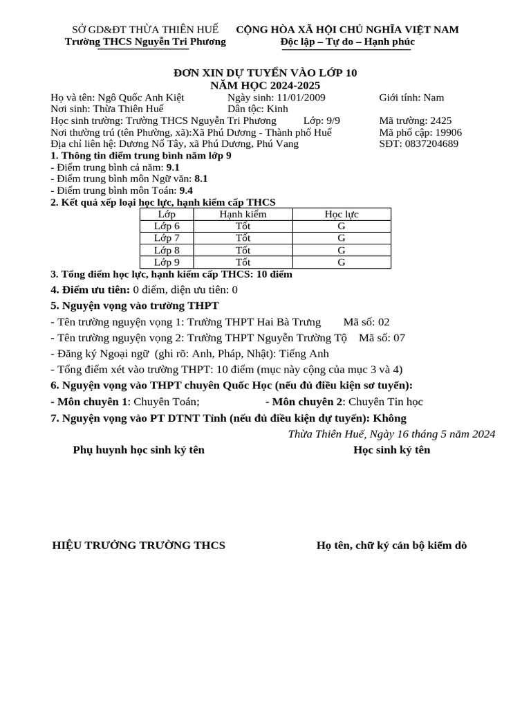 Mau Dang Ky Tuyen Sinh | PDF