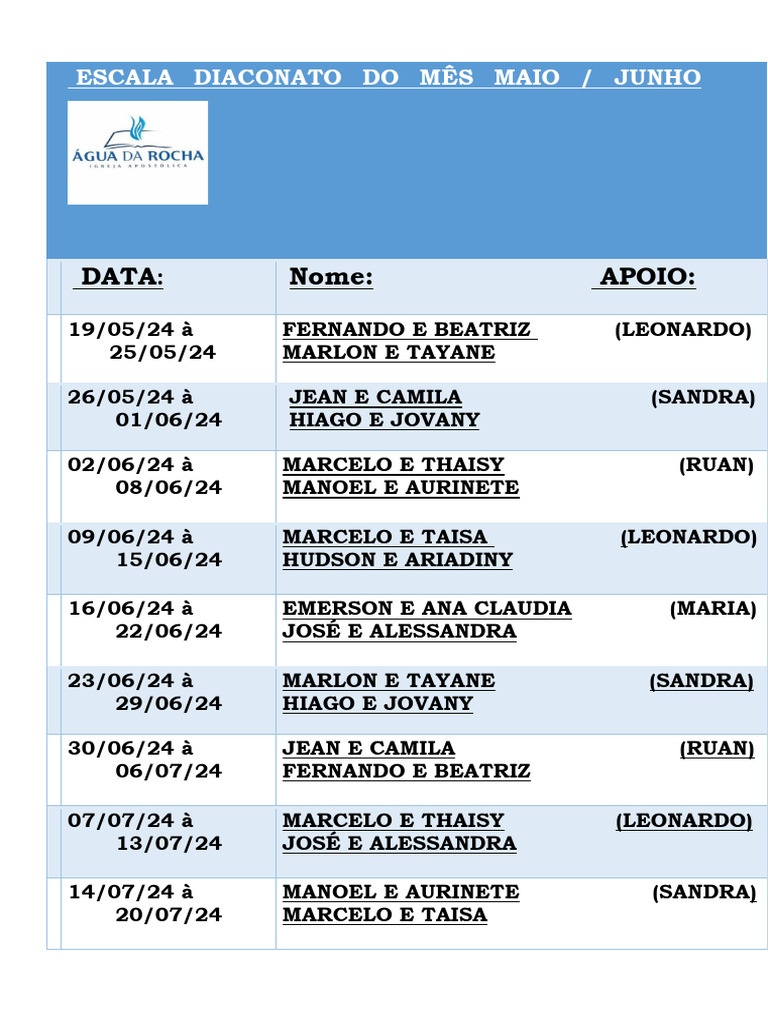 ESCALA DIÁCONATO MAIO E JUNHO | PDF