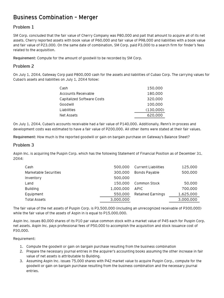 Business Combination - Class Work 1 | PDF | Book Value | Goodwill ...