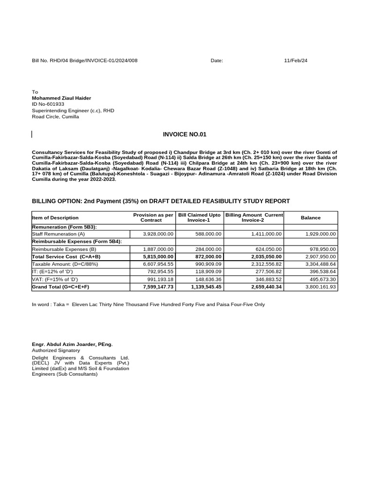 Invoice for Bridge Feasibility Study Payment | PDF | Per Diem | Value ...