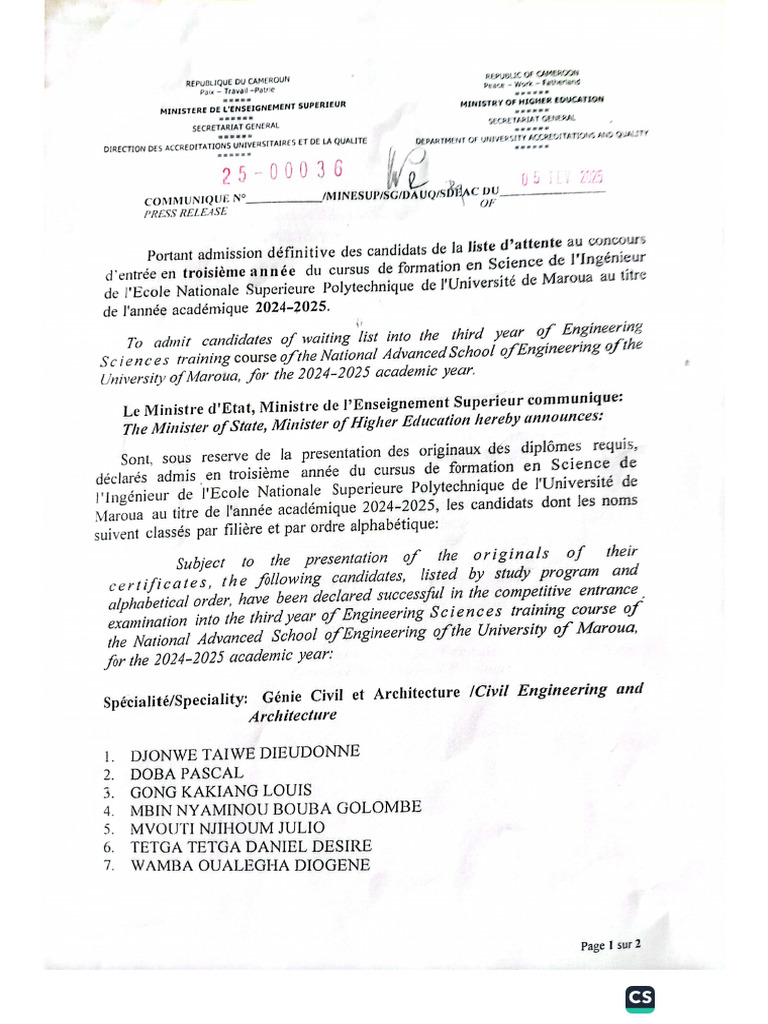 Liste D'anttente ENSPM 3eme Annèe Cursus de Formation en Science de L ...