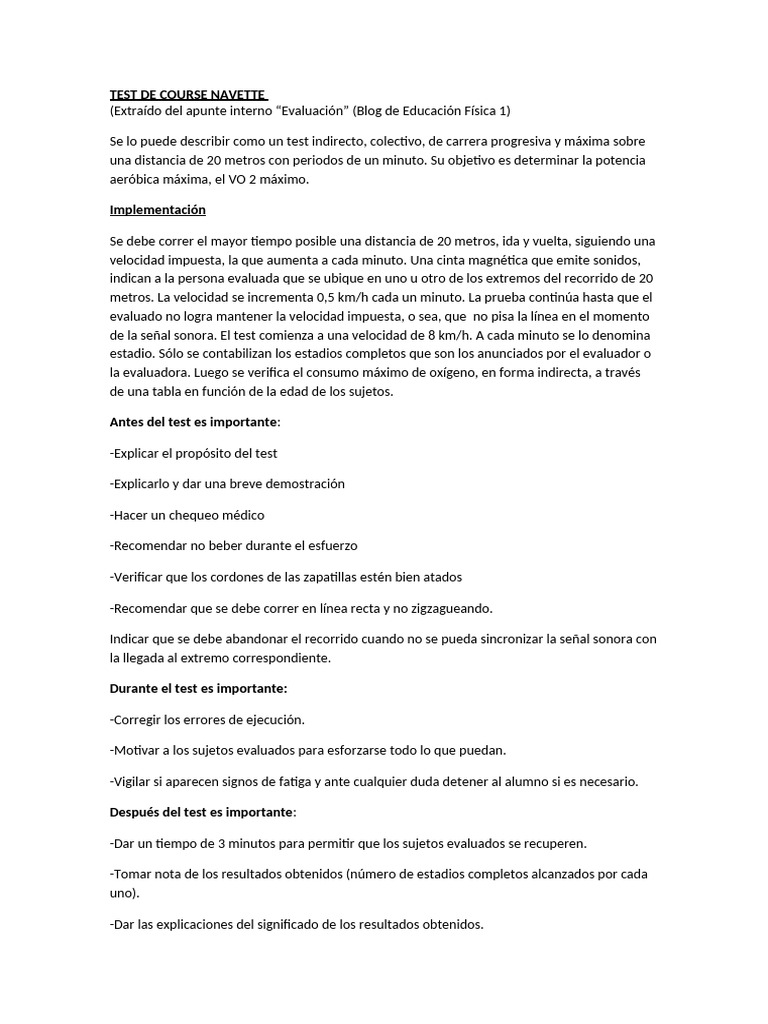 Test Course Navette: Evaluación VO2 Máximo | PDF