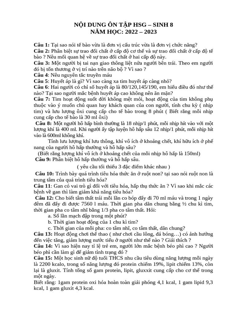 On Tap HSG Sinh 8 NH 2022 - 2023 E1f24 | PDF