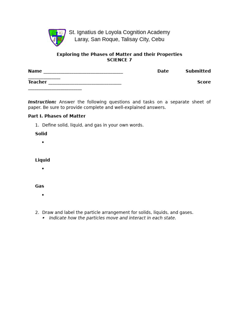 G7 Assignment Exploring The Phases of Matter and Their Properties | PDF