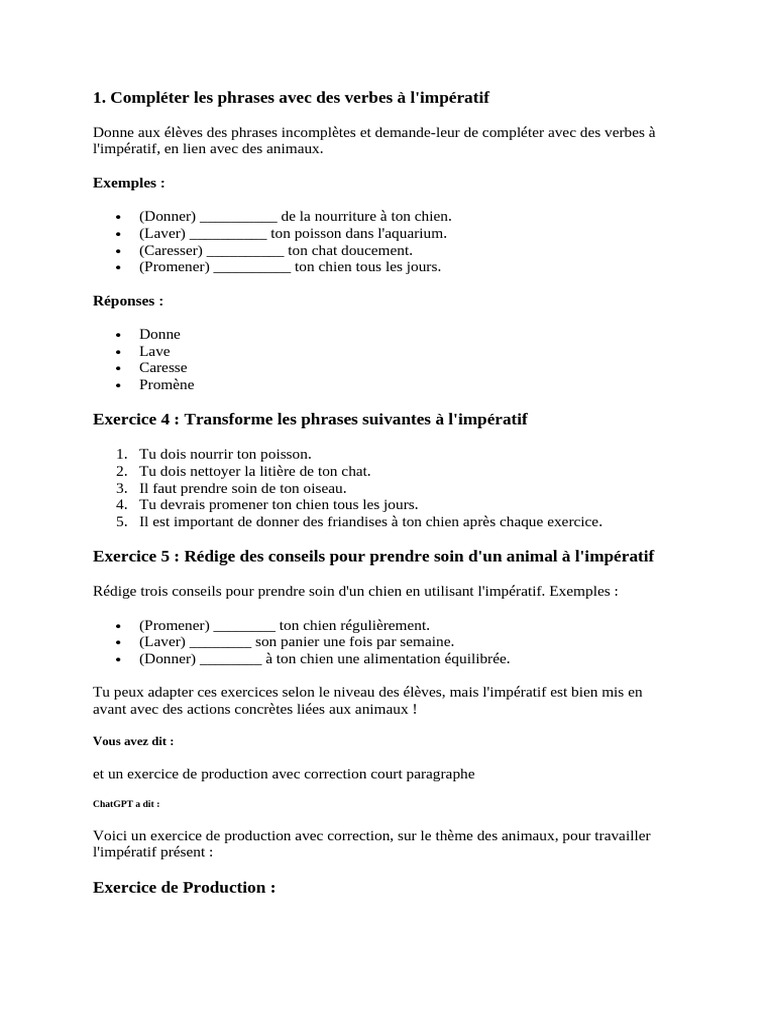Exercices d'impératif sur les animaux | PDF | Chats | Chiens