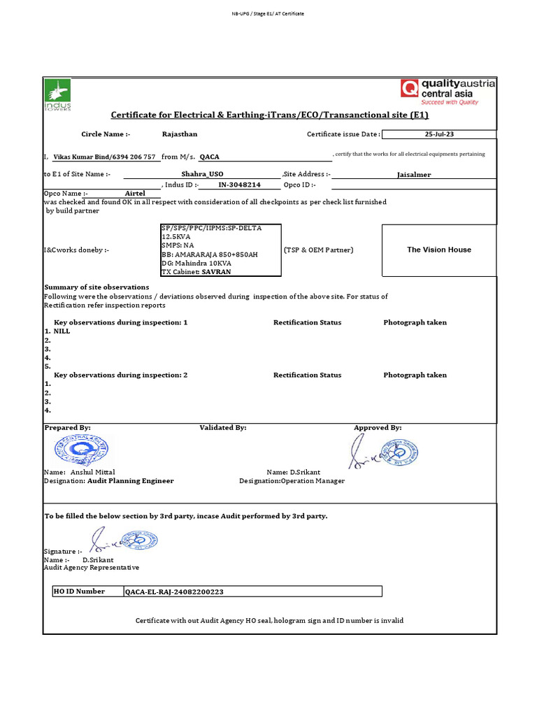 Airtel E1 Electrical Inspection Certificate | PDF