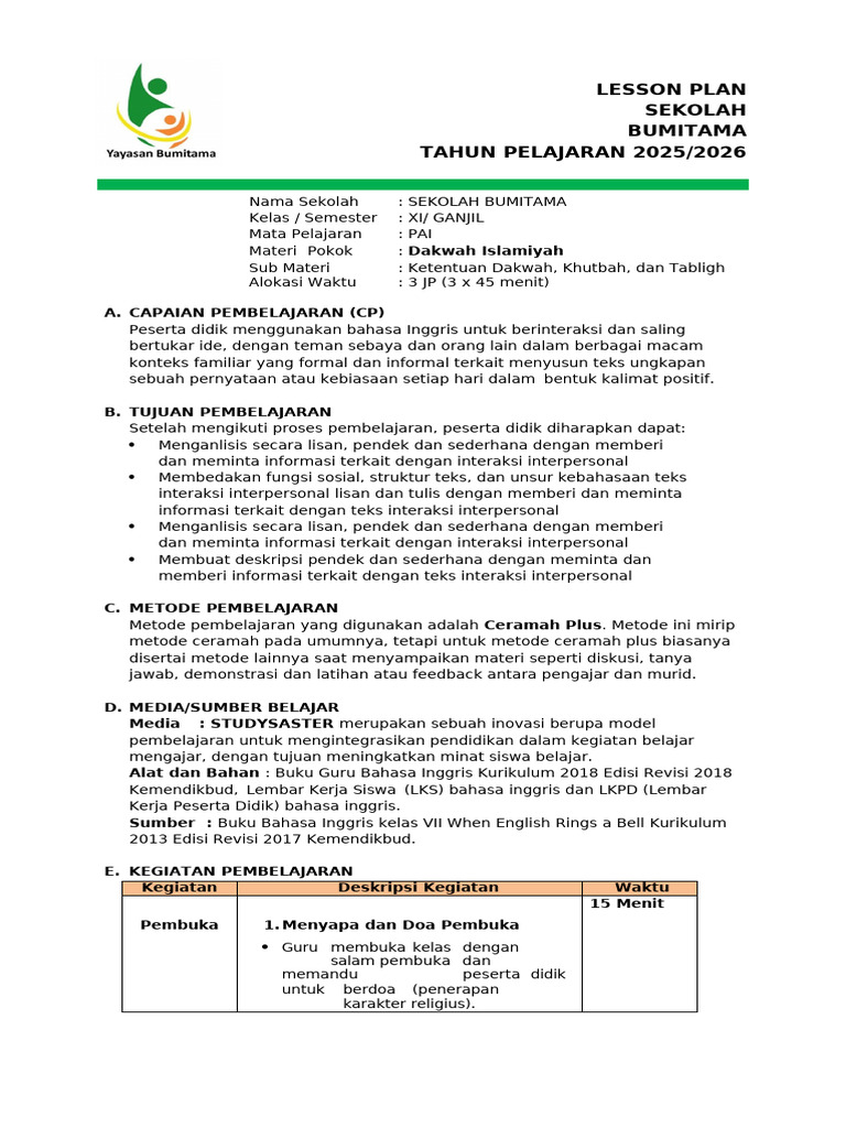 Contoh Rencana Pelajaran PAI dan Bahasa Inggris | PDF