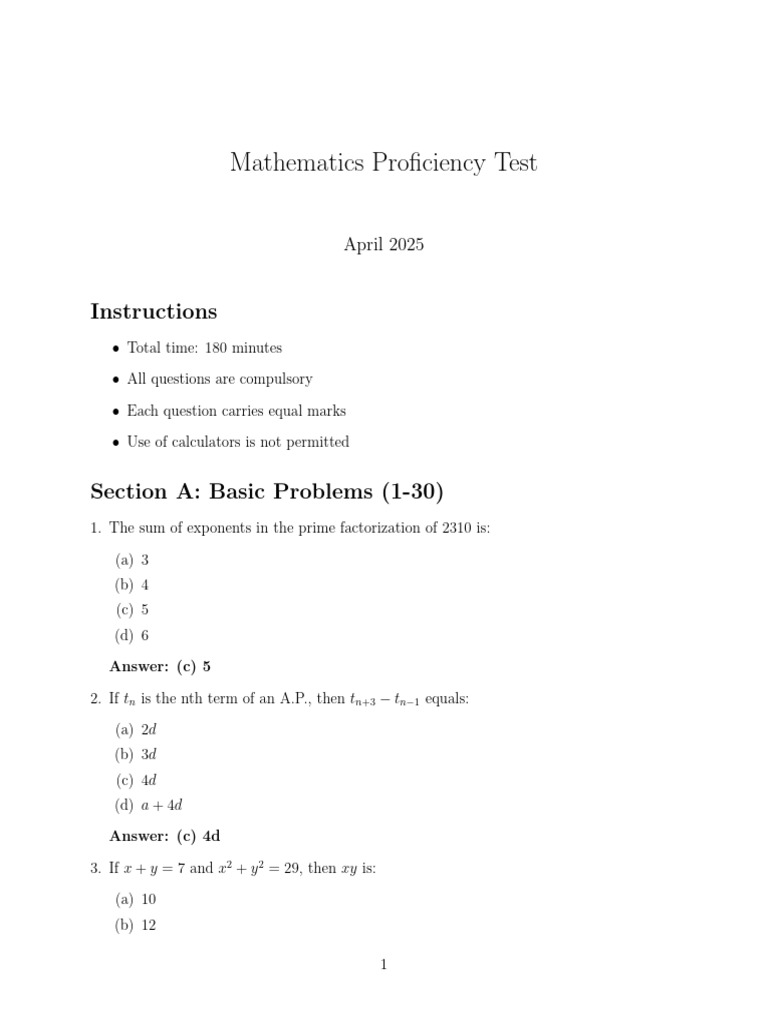 Maths Test 3 With Answers | PDF | Area | Prime Number