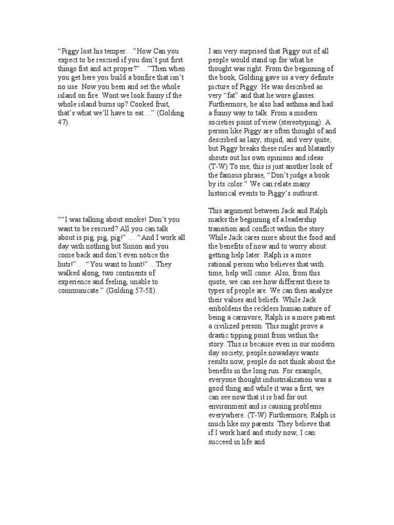 Lord of The Flies, Dailectical Journal | PDF | Forgiveness