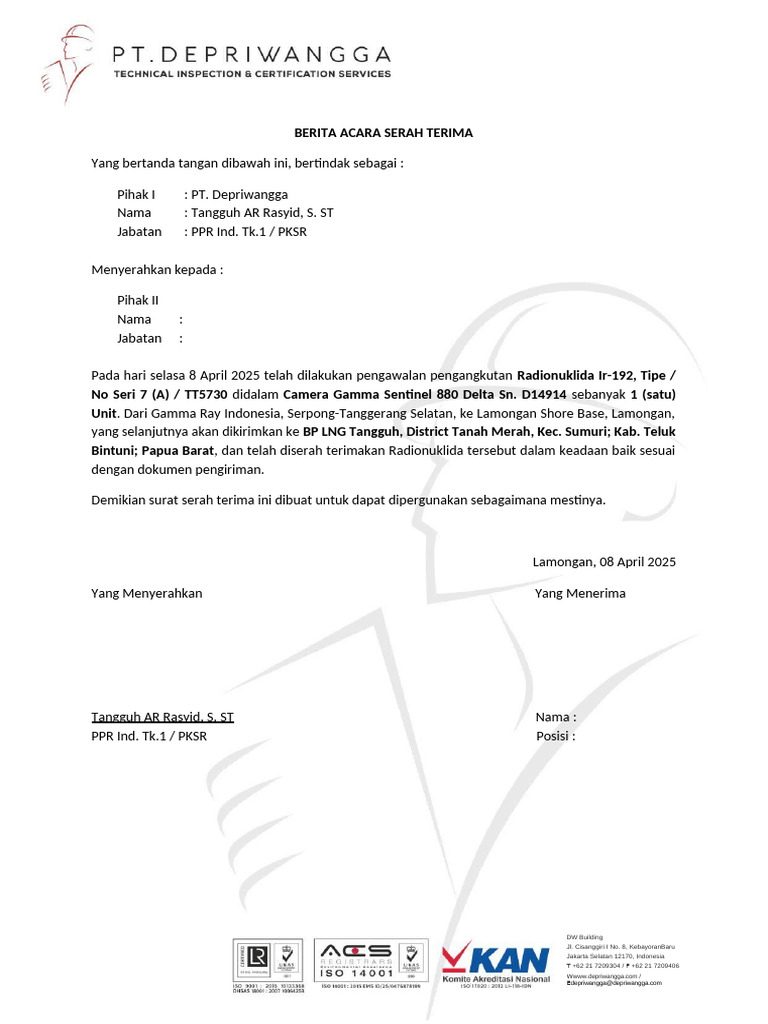 Serah Terima Radionuklida Ir-192 2025 | PDF