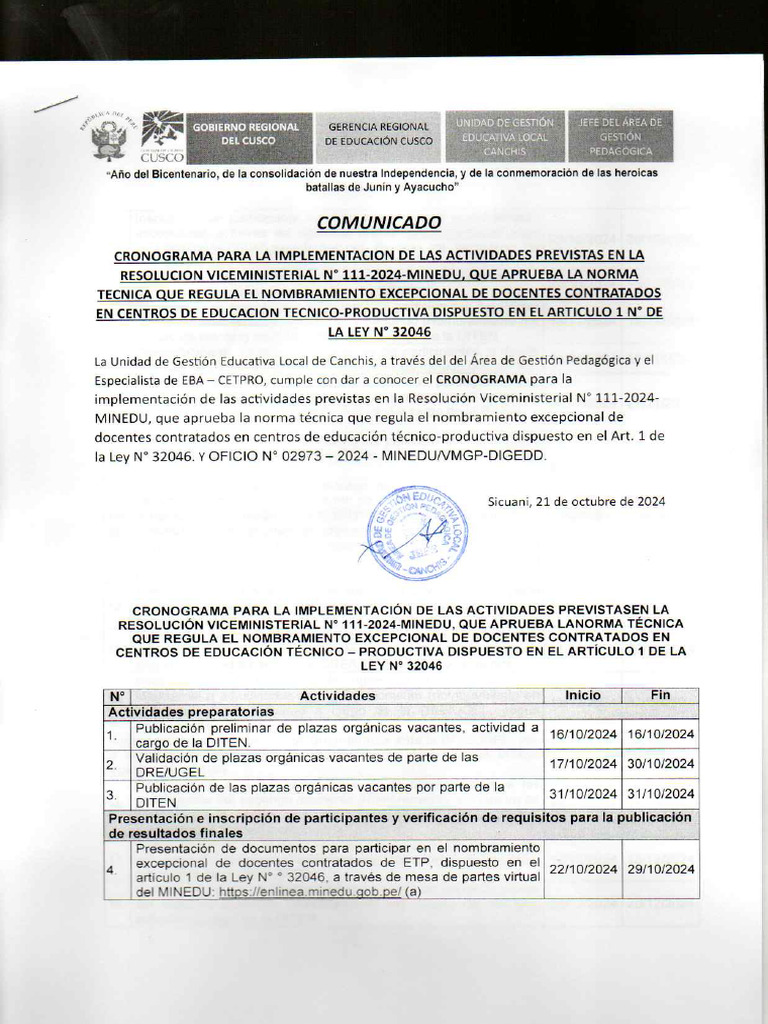 Cronograma Nombramiento Cetpro 2024 | PDF