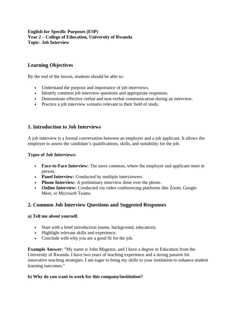 Job Interview English For Specific Purposes | PDF | Job Interview ...