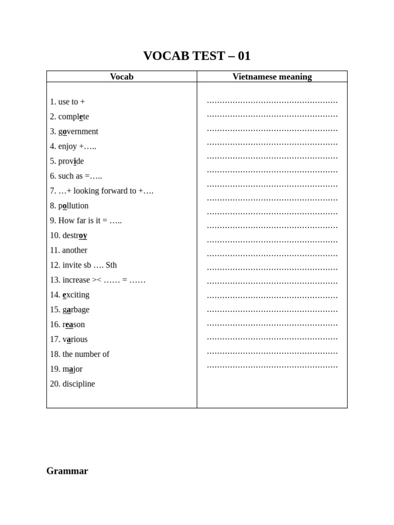 Vocab Test 01 | PDF