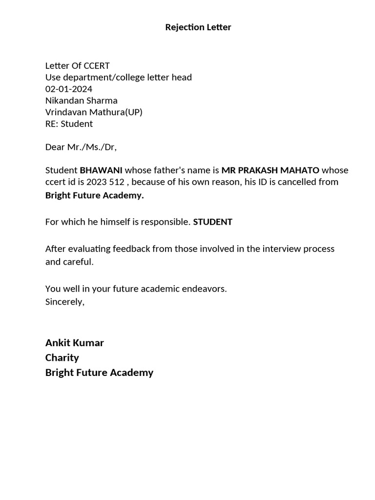 Student Rejection Letter Template | PDF
