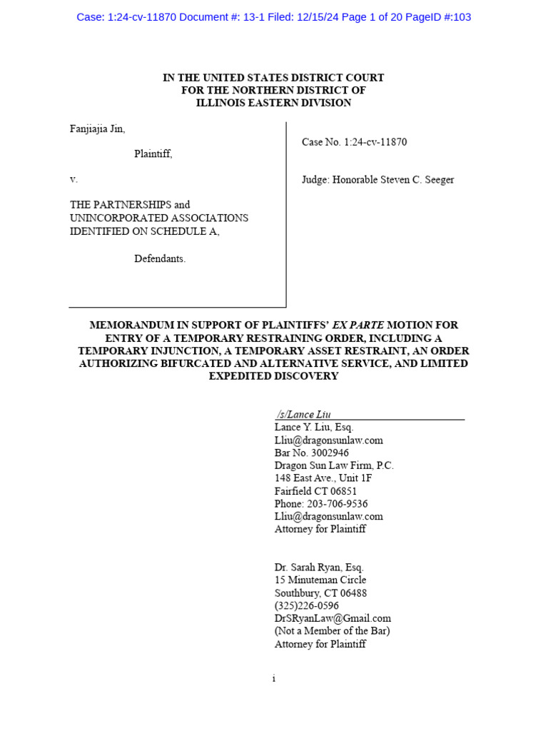 Jin v. Schedule A - TRO Brief | PDF | Injunction | Legal Remedy