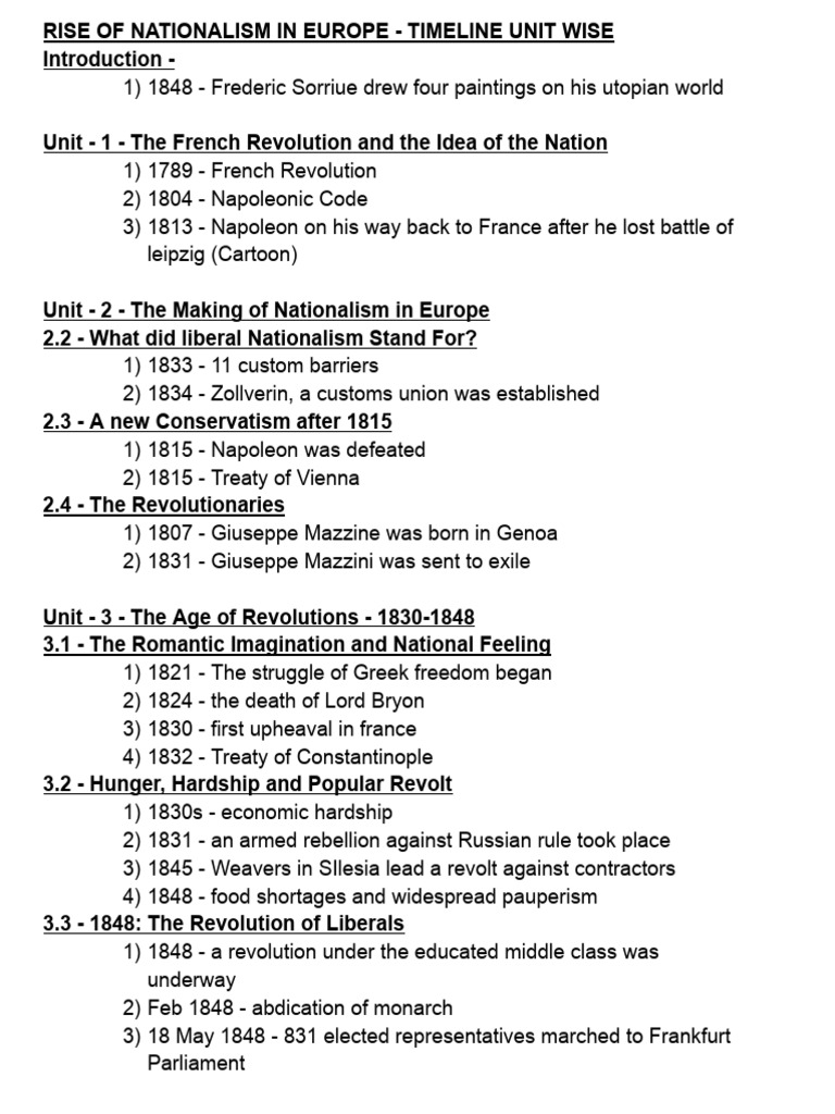 Rise of Nationalism in Europe - Timeline Unit Wise | PDF | Nationalism ...