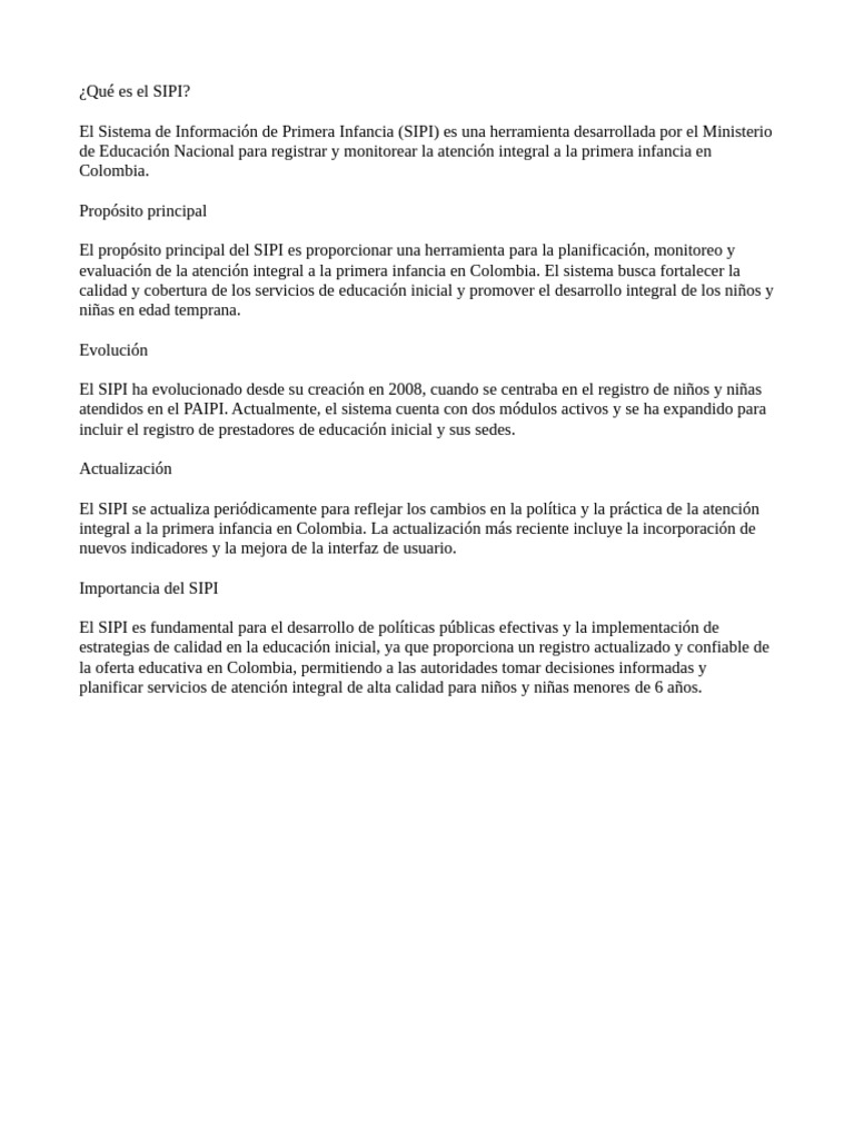 Qué es el SIPI en la Primera Infancia | PDF