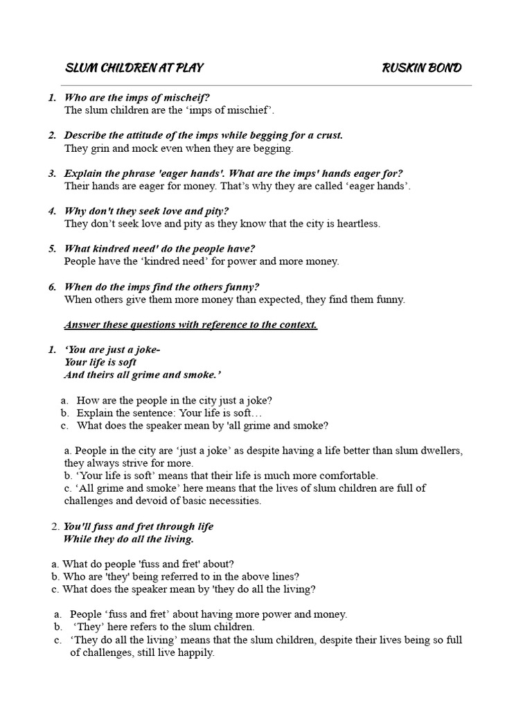 Slum Children at Play - Notes | PDF