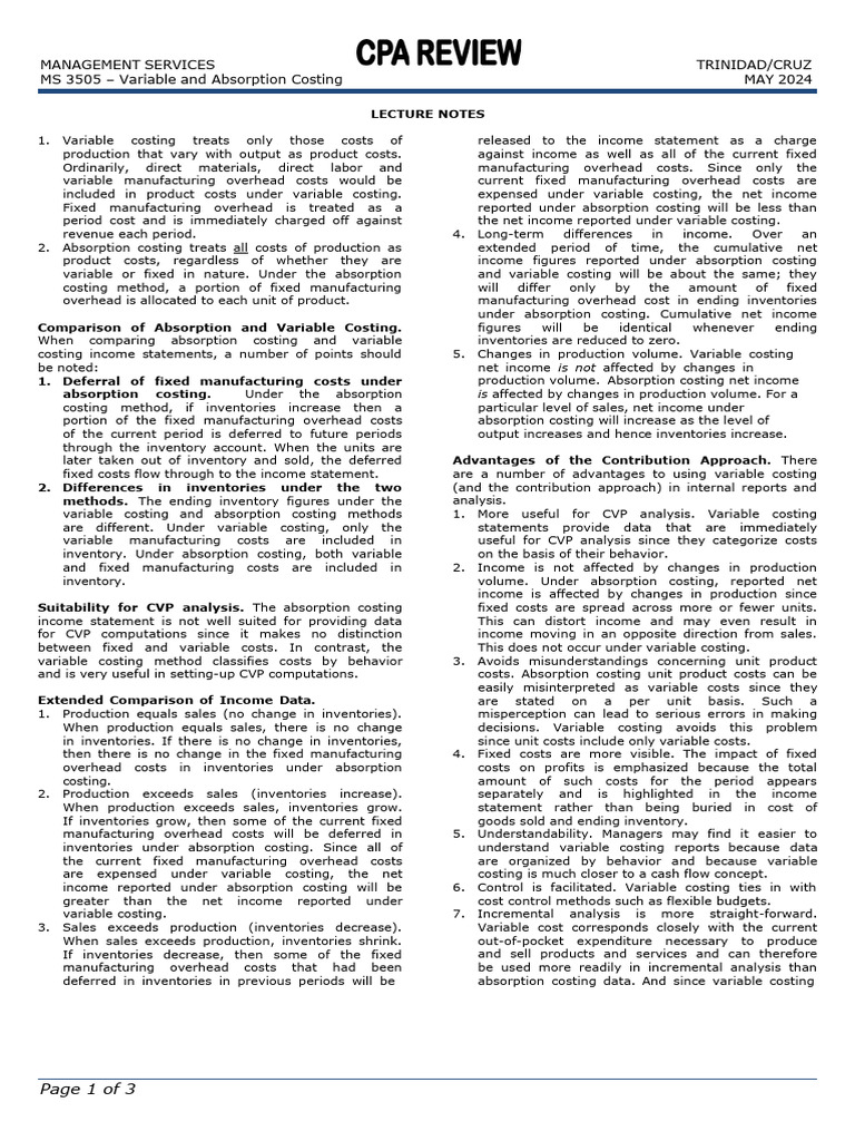 Comparing Variable and Absorption Costing | PDF | Inventory ...