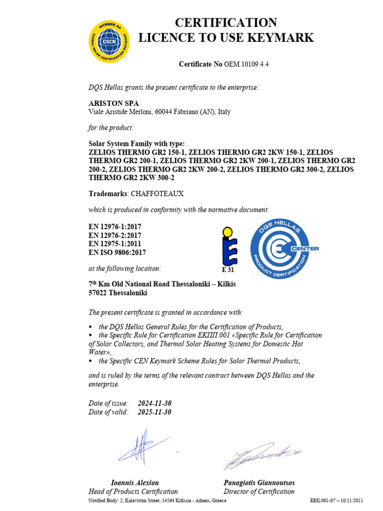 Keymark Certification for Ariston Solar Systems | PDF