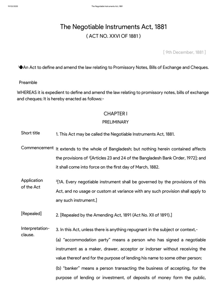 The Negotiable Instruments Act, 1881 | PDF | Negotiable Instrument | Promissory Note