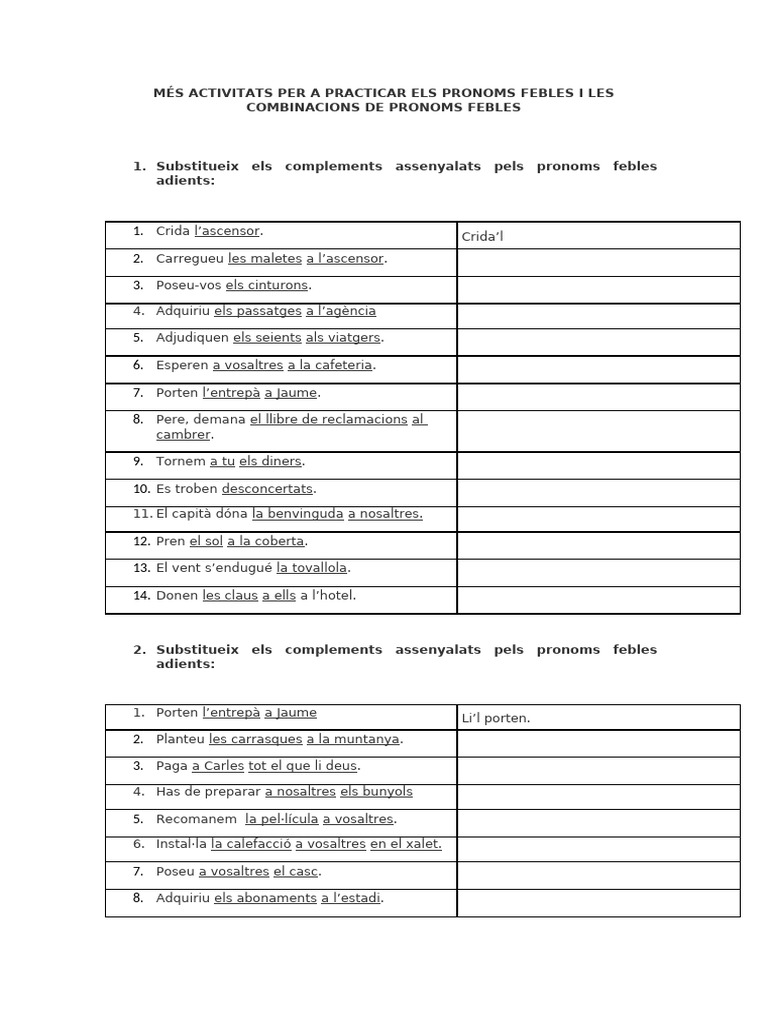 Més Activitats Per A Practicar Els Pronoms Febles I Les Combinacions de Pronoms Febles (Aules) | PDF