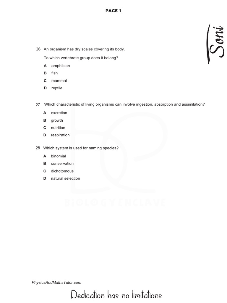 Characteristics & Classification of Living Organisms (Multiple Choice ...