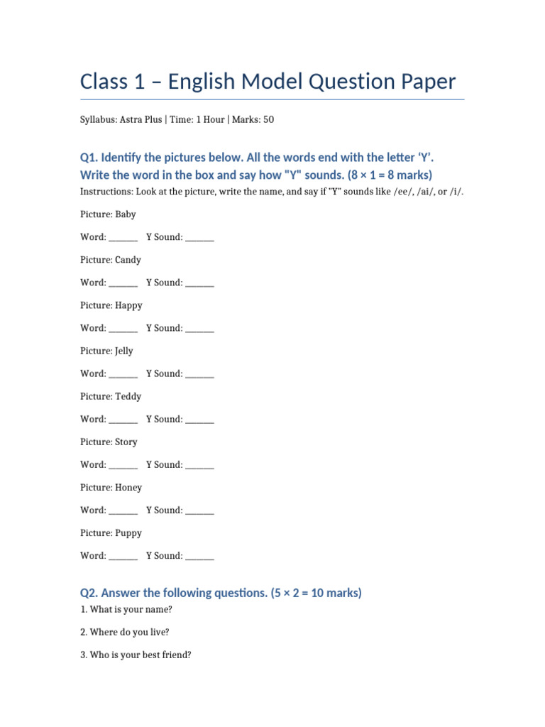 Class1_English_Model_Paper | PDF