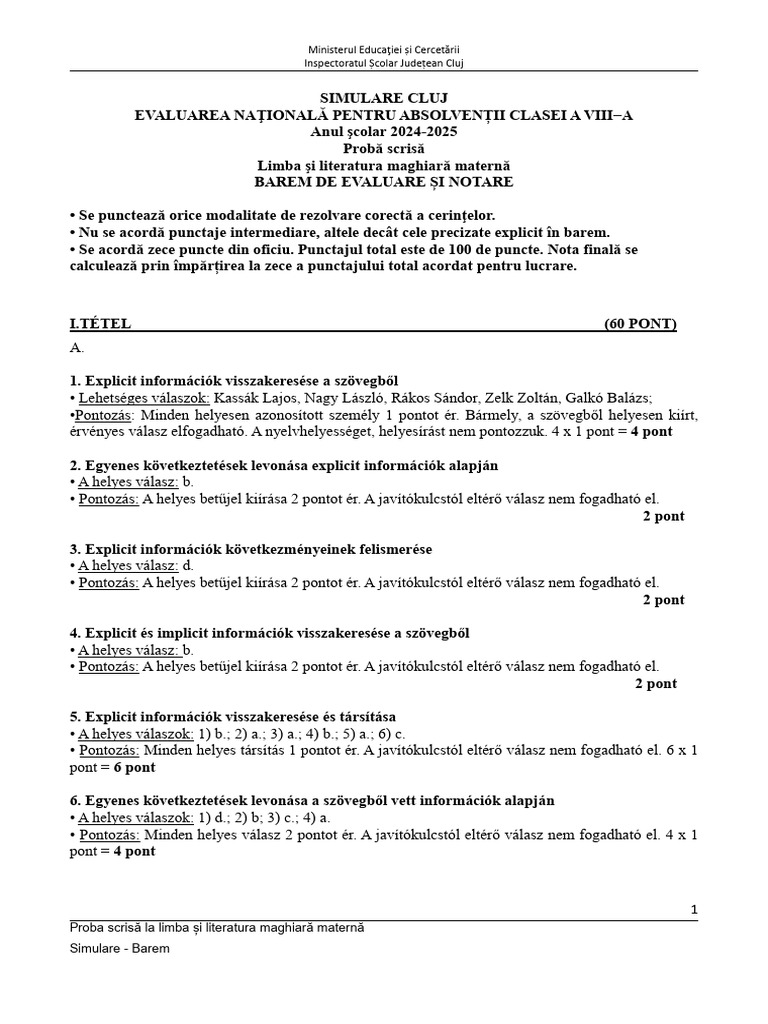 Cluj Barem EN Simulare VIII LB Maghiara Judeteana 2025 | PDF