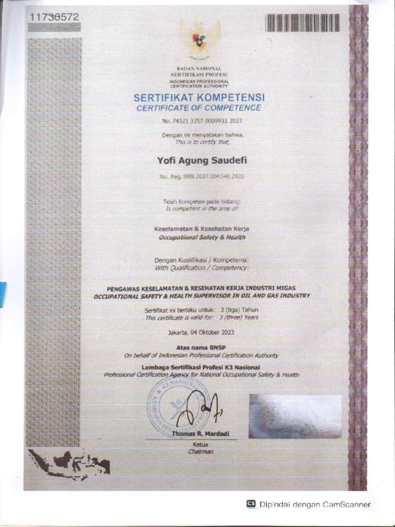 Sertifikat K3 Rig IDB 07 | PDF