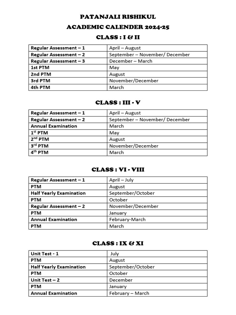 Patanjali Academic Calendar 2024-25 | PDF