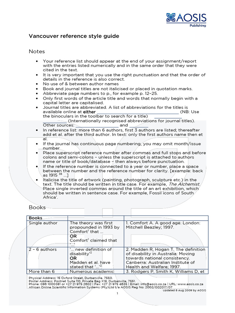 Vancouver Reference Style Guide | PDF
