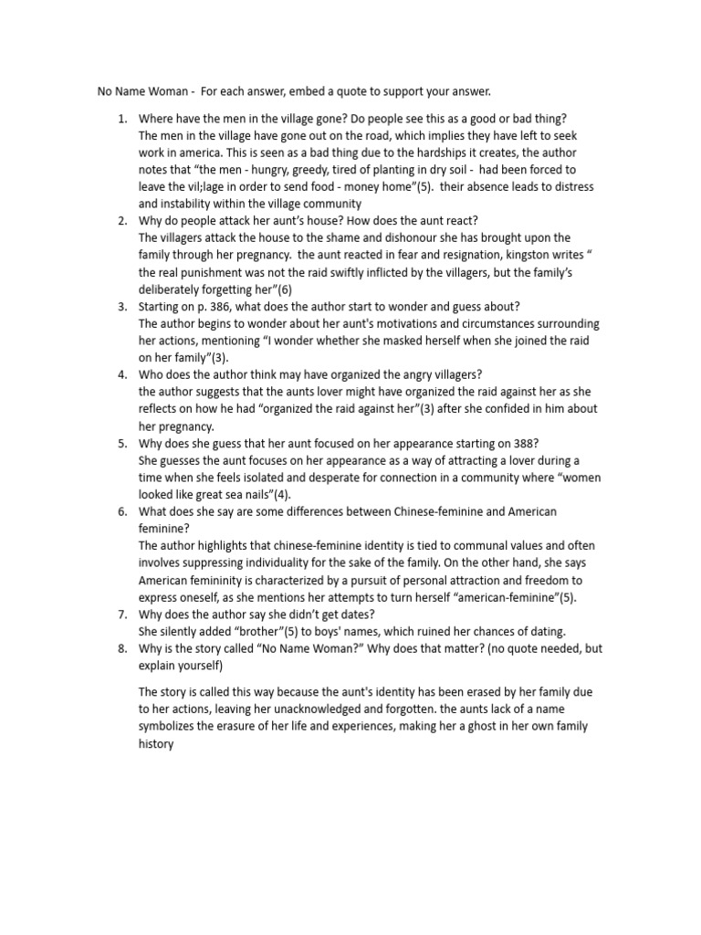 No Name Woman: Key Questions Answered | PDF