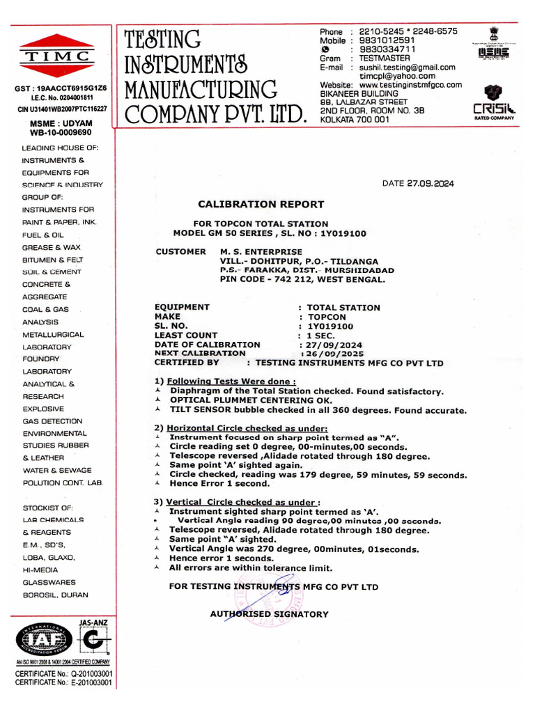 TS Calibration Certificate | PDF