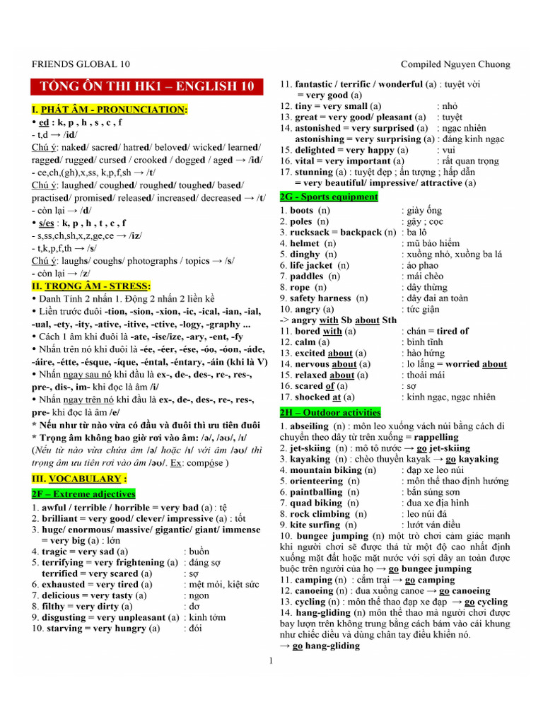 English 10 - T NG Ôn Thi Hk1 - Friends Global - Shared | PDF