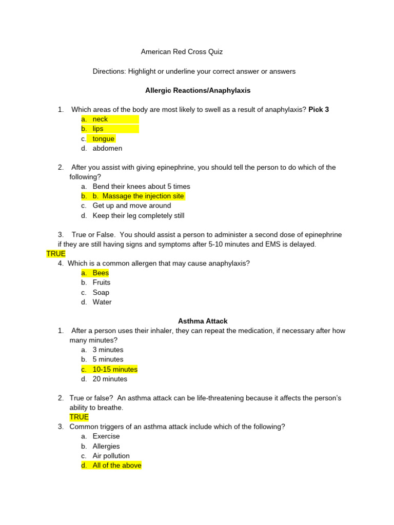 Red Cross First Aid Quiz Guide | PDF | Thorax | Allergy