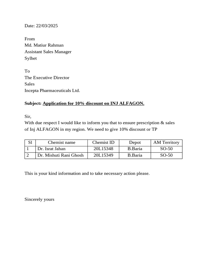 Subject: Application For 10% Discount On INJ ALFAGON | PDF