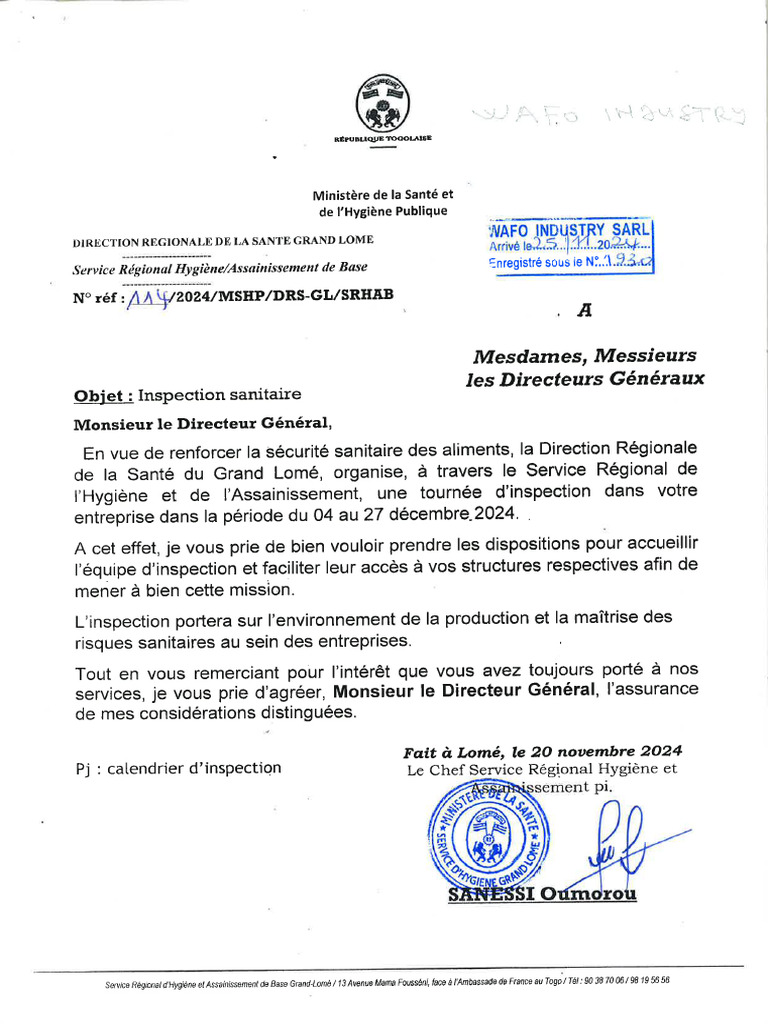 Inspection Sanitaire Ministère de Le Santé Et de L'hygiène Publique | PDF