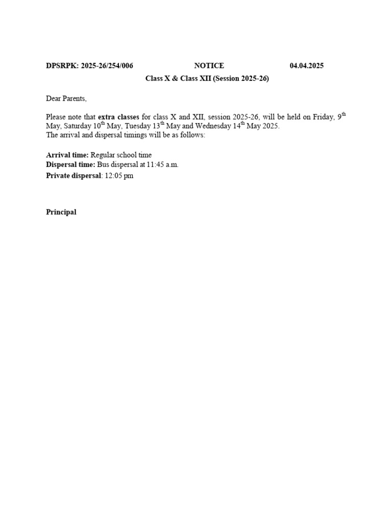 Notice Class X and XII Extra Class | PDF
