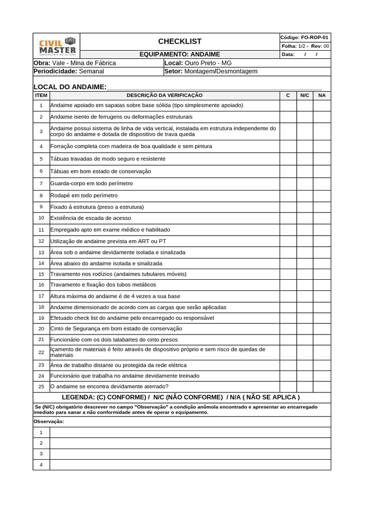FO ROP 01 Checklist Andaimes | PDF | Andaime