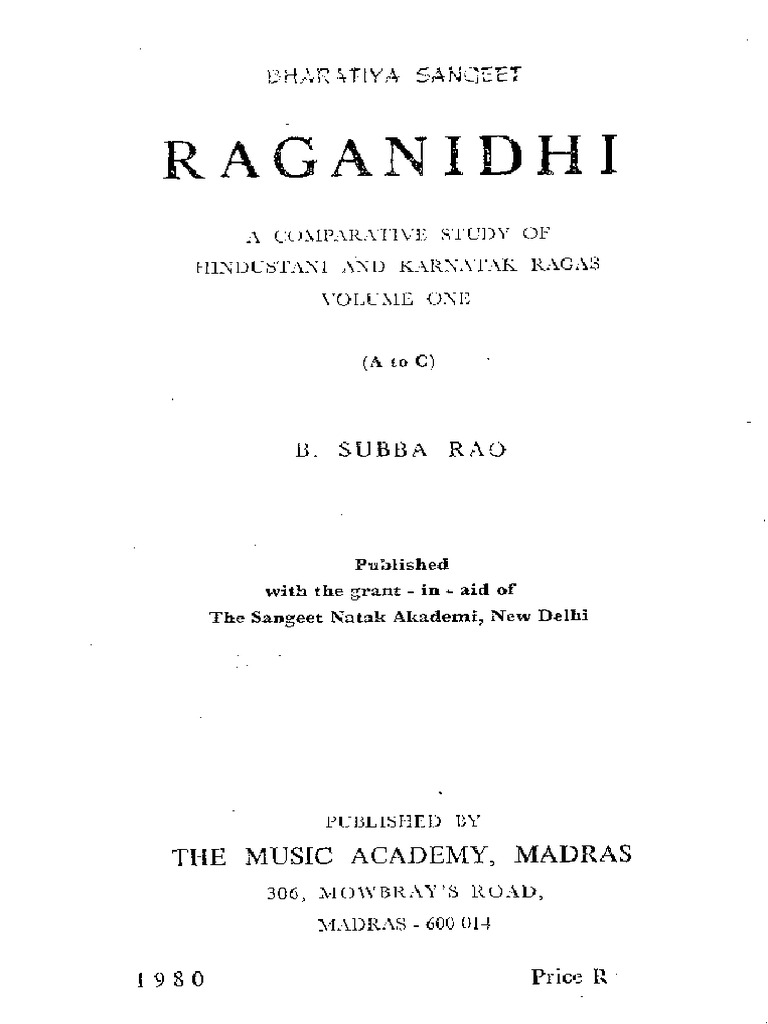Raga Nidhi A Comparative Study of Hindustani & Karnatik Ragas Subba Rao ...