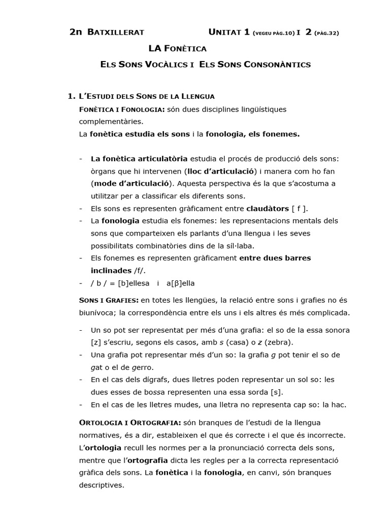 Apunts Unitats 1 i 2 Fonètica 2n BAT | PDF
