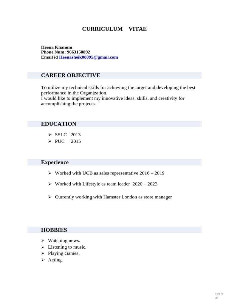 Heena Khanum's Professional CV | PDF