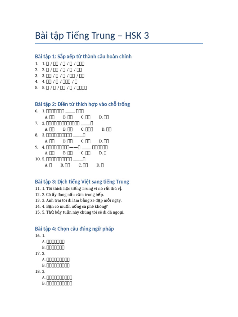 Bai Tap Tieng Trung HSK3 Day Du | PDF