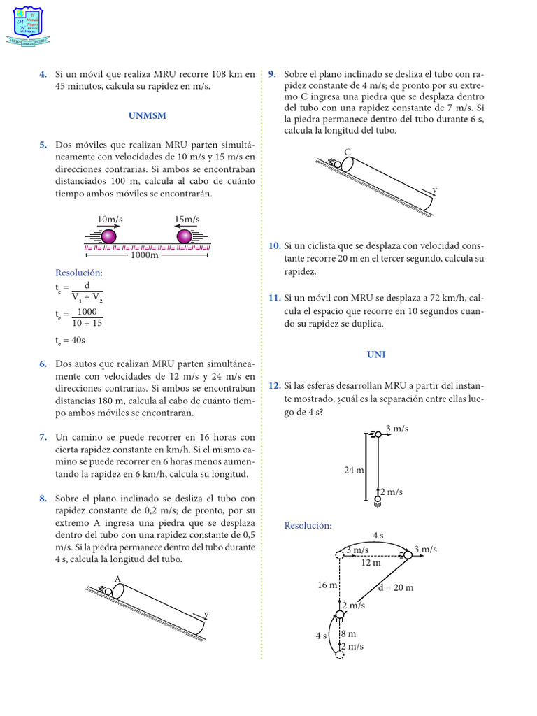 4 - Ejercicios de Movimiento Rectilíneo Uniforme para TERCERO Grado de Secundaria | PDF