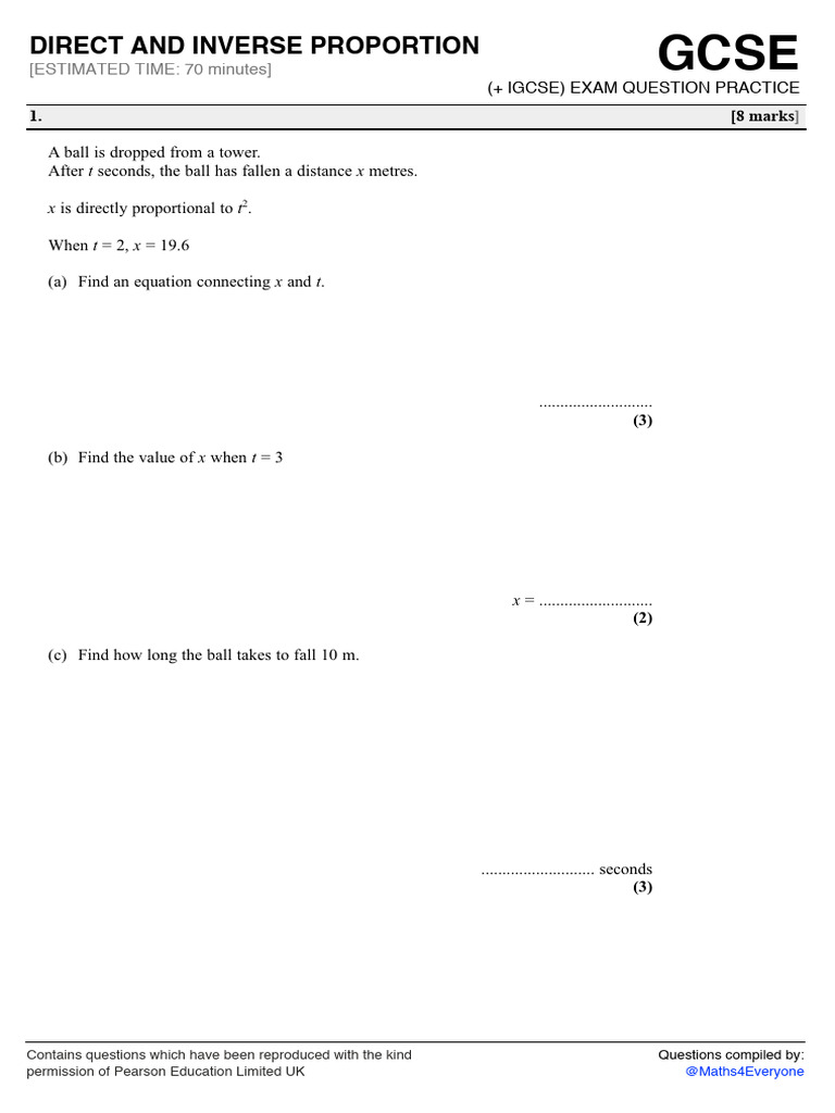 Direct and Inverse Proportion Practice Questions 30251 - p01 | PDF