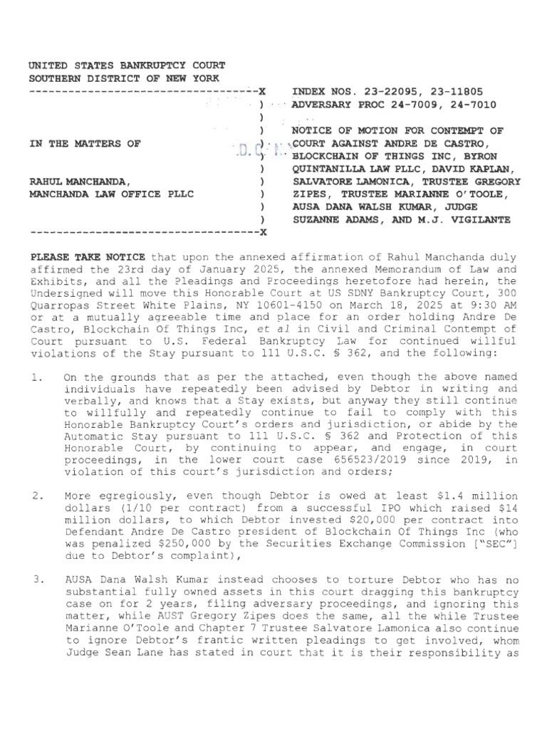 Second Notice of Motion for Contempt of Court Against Andre de Castro of Blockchain of Things Et ...