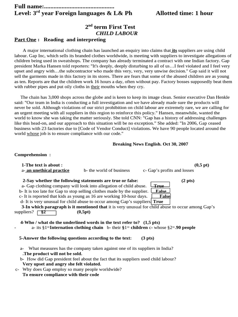 Child Labour Tests - 22970 | PDF | Labour Economics | Child Labour